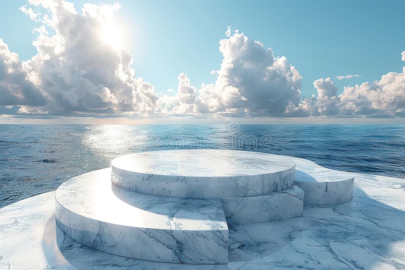 Modern White Marble Podium Against Ocean Sky Backdrop - High-Tech ...