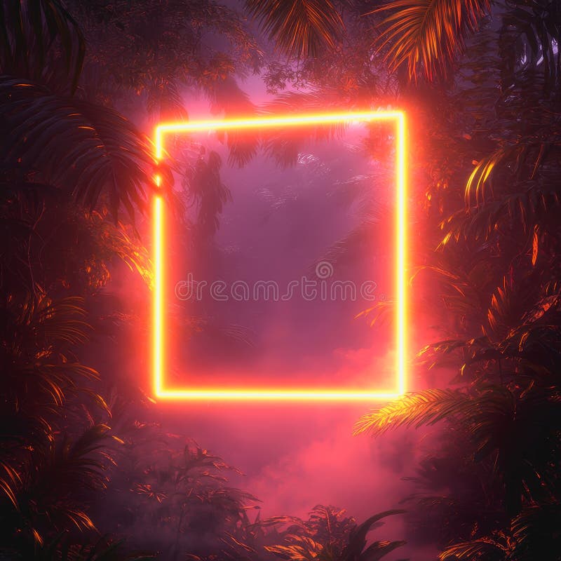 Neon Square Frame in a Glowing Jungle Atmosphere Stock Image - Image of ...