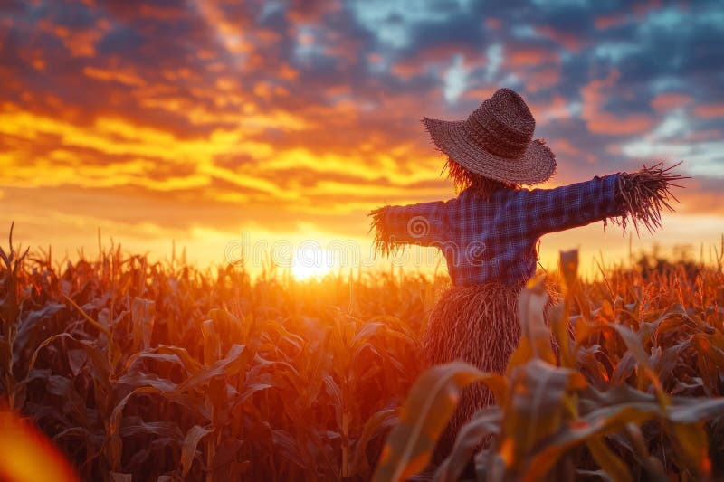 A Vibrant Sunset Landscape with a Straw Scarecrow in a Cornfield. the ...