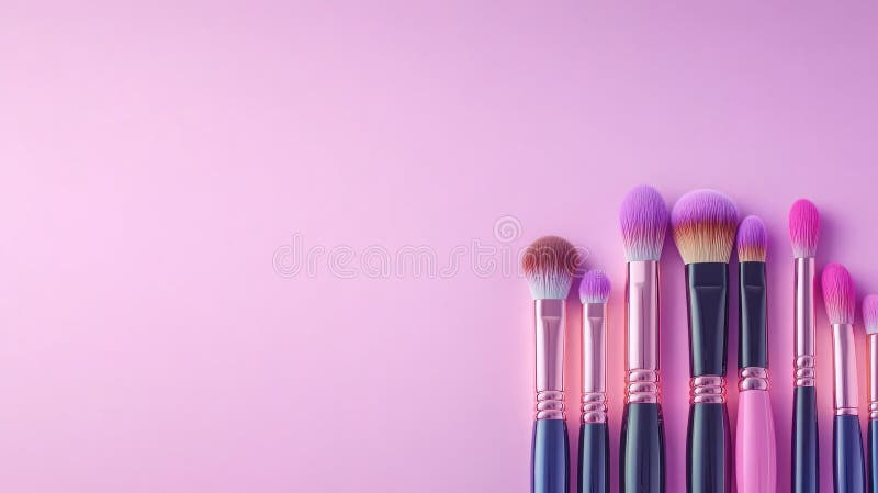 Set of Glamorous Makeup Brushes on Pastel Pink Background ...