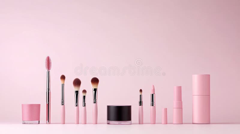 Set of Glamorous Makeup Brushes on Pastel Pink Background ...