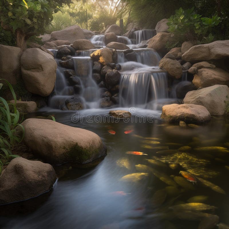 A Sparkling Waterfall Cascading into a Tranquil Koi Pond Stock ...