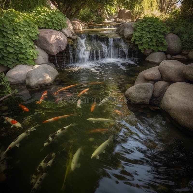 A Sparkling Waterfall Cascading into a Tranquil Koi Pond Stock ...