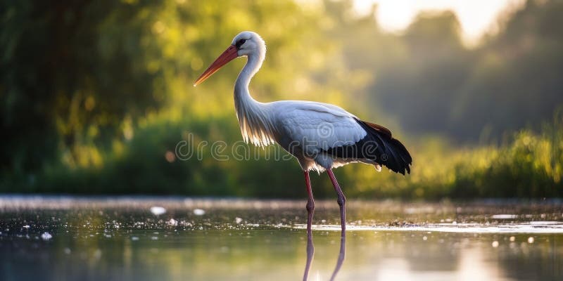 A Graceful Stork Stands in Calm Waters Amidst Soft Sunlight. this ...