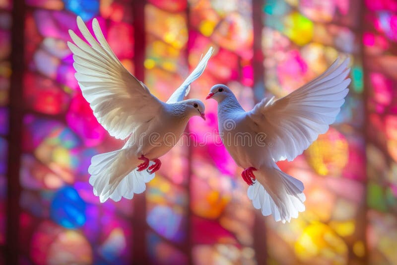 Two White Doves Gracefully Fly through a Vibrant Stained Glass ...
