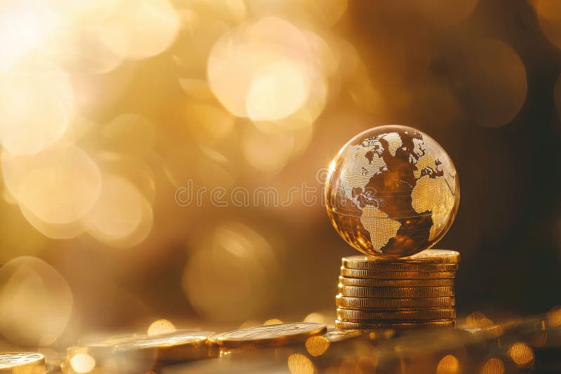 Globe Resting on Stack of Golden Coins Stock Image - Image of shimmer ...
