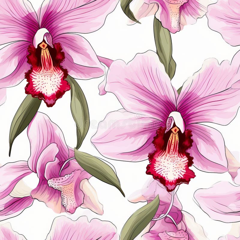 Colorful Cattleya Orchid Seamless Pattern on White Background Stock ...
