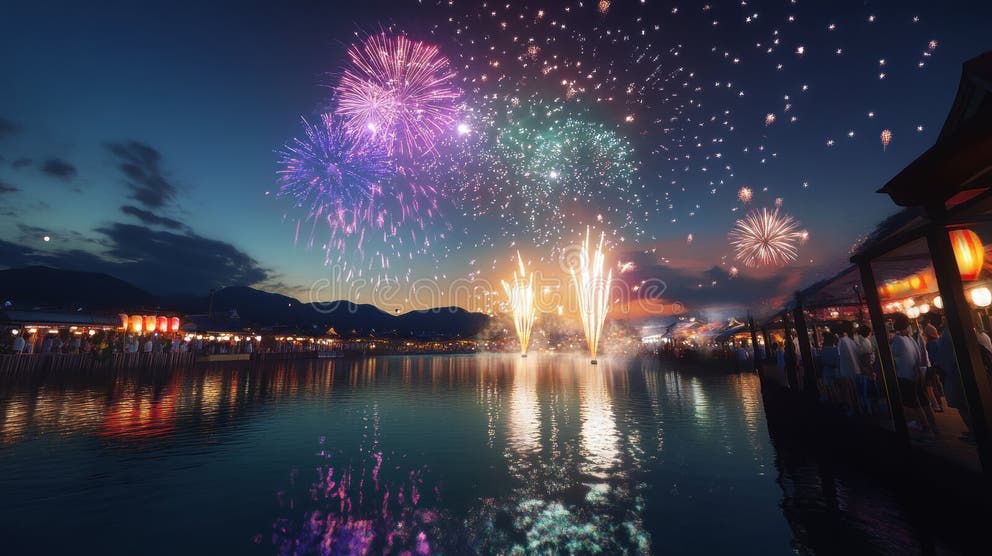 Night Festival Fireworks Over Water Reflection Stock Image - Image of ...