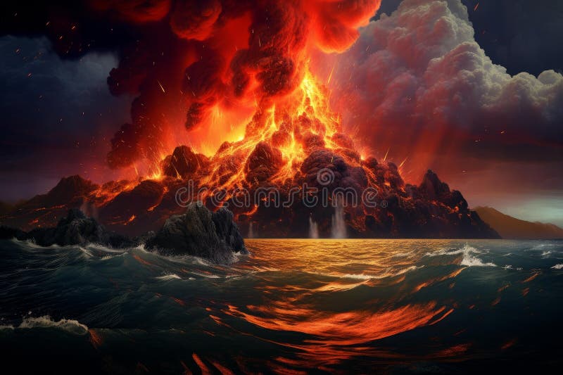 Cataclysmic Volcano Eruption at Sea Stock Photo - Image of climate ...
