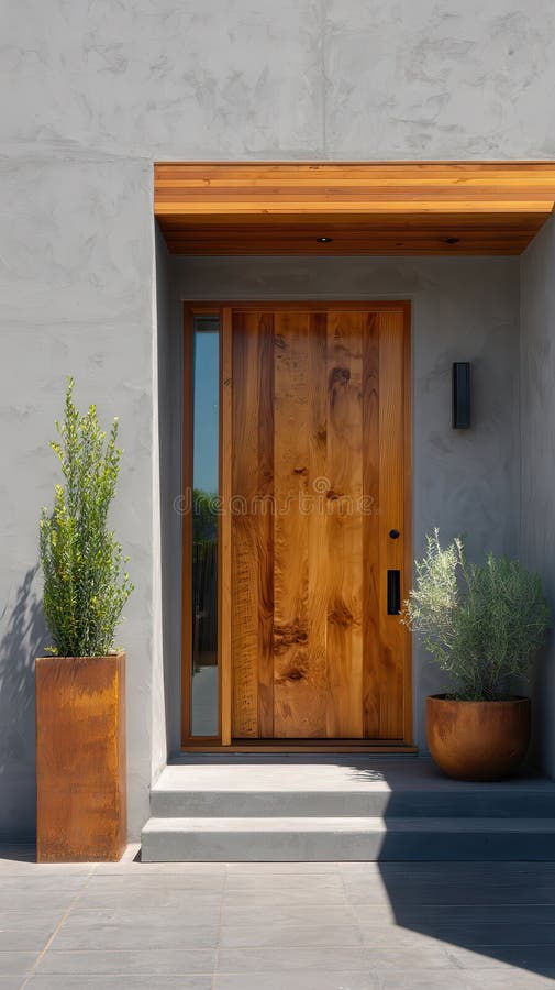 A Stunning Image of Modern Entrance, Simple Wooden Front Door. Stock ...