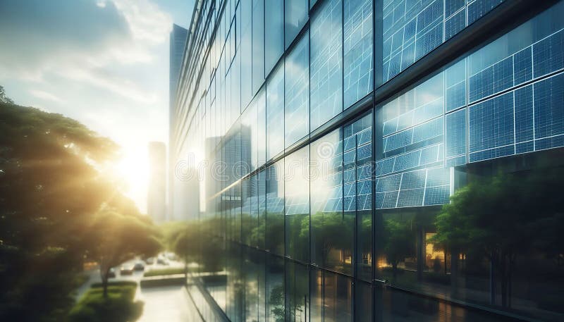 Modern Skyscraper with Integrated Solar Panels, Reflecting Urban ...