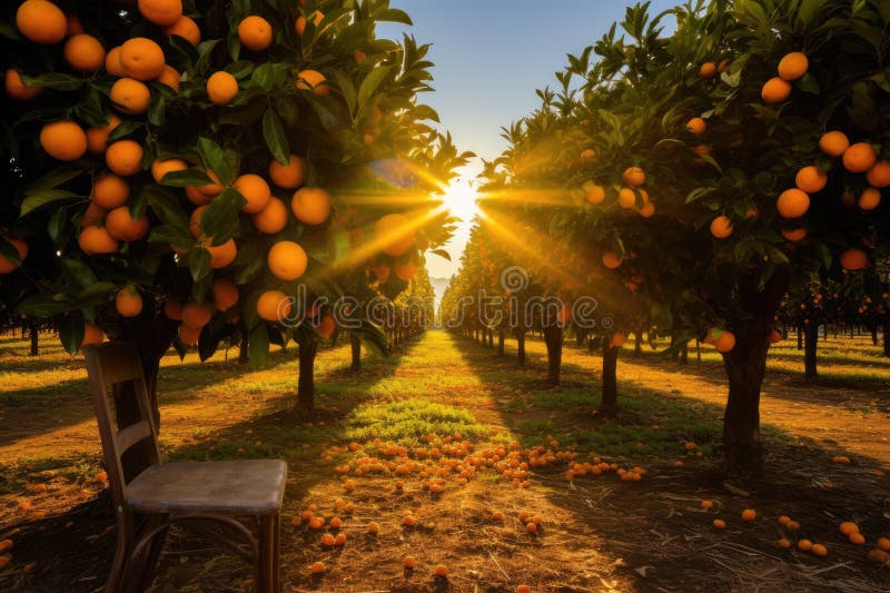 A Stunning Image of an Orange Grove Illuminated by the Warm Rays of the ...