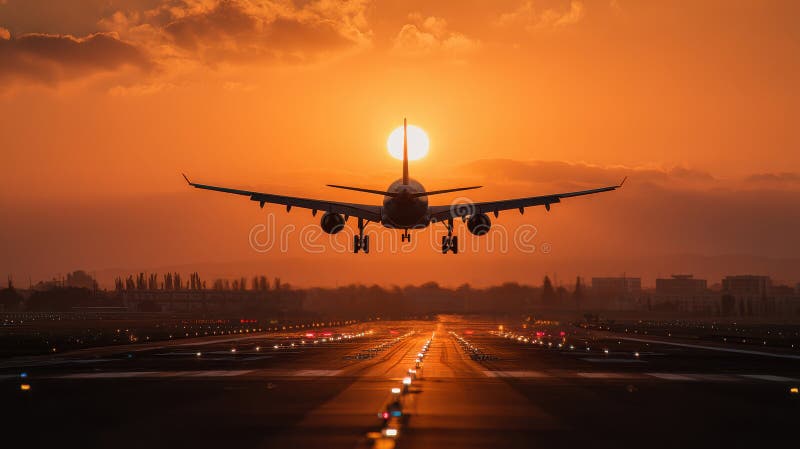 A Stunning Image of Plane Landing at Sunset. Stock Image - Image of ...