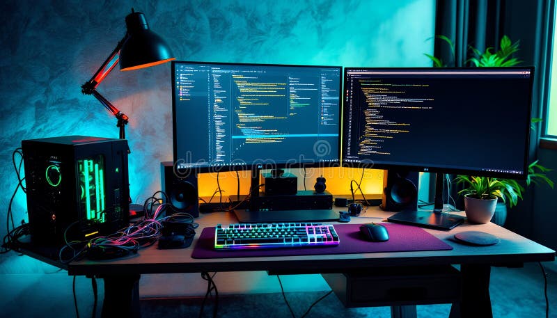 Neon-Lit Coder S Haven: Dual Monitor Setup with RGB Keyboard and PC Stock Illustration ...