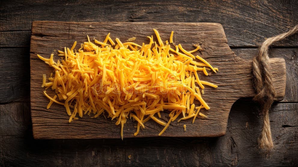 A Stunning Image of Rustic Wooden Board with Shredded Sharp Cheddar ...