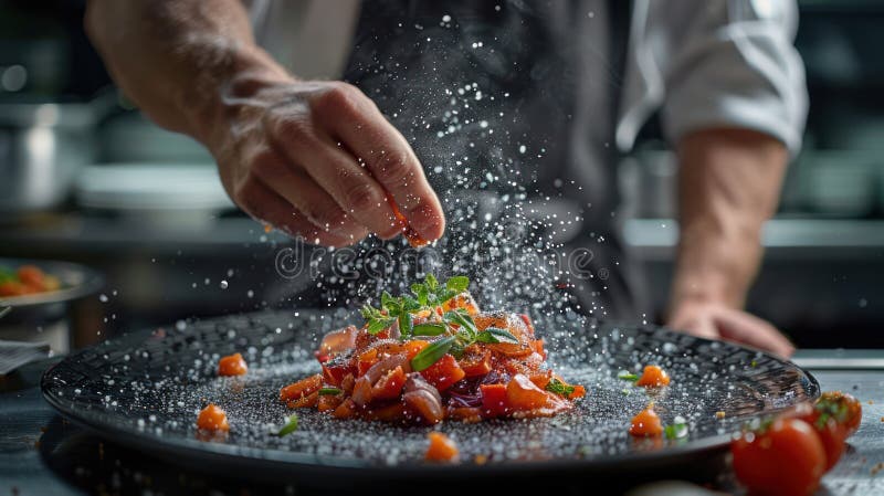 Artistic Culinary Dish by Skilled Chef on Sleek Black Plate Stock ...