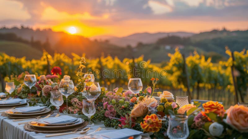 Vineyard Wedding Table Decor on Summer Sunset Stock Illustration ...