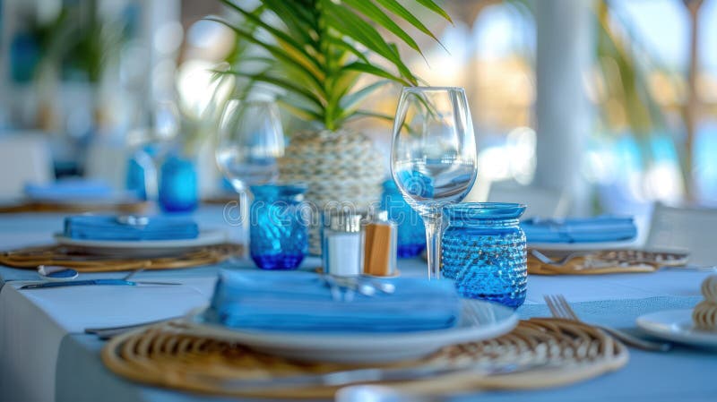 Mediterranean-Inspired Table Setting in Light Blue Restaurant Interior ...