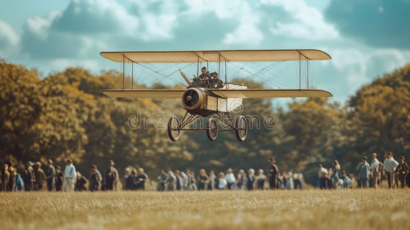 A Vintage Biplane Captured in Flight Above a Gathering of Spectators ...