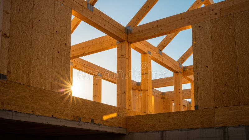 Golden Hour Timber Frame Construction Stock Illustration - Illustration ...