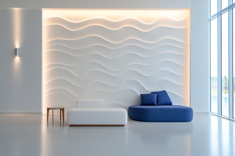 Modern Luxury Interior with White Sofa and Wavy Stone Panel Wall Stock ...