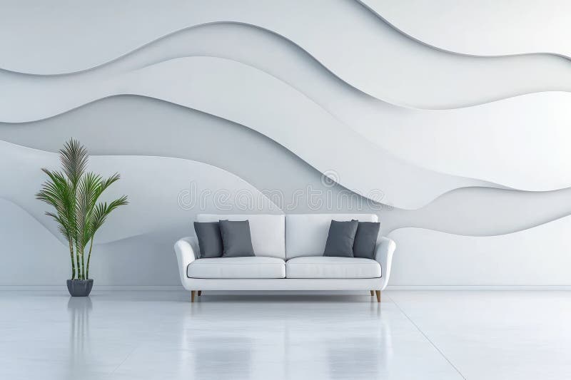 Modern Luxury Interior with White Sofa and Wavy Stone Panel Wall Stock ...