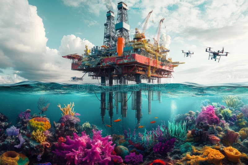 A Vibrant Underwater Scene Features an Oil Rig Above Colorful Corals ...