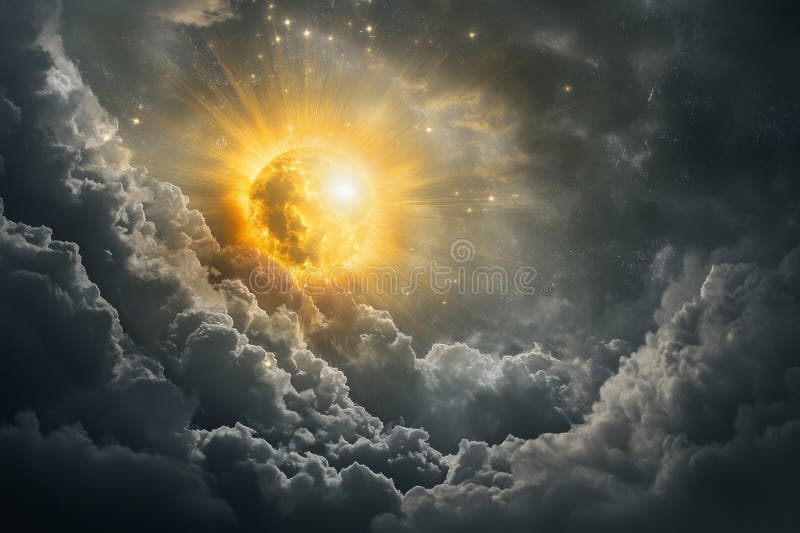 A Bright Sun Illuminates a Stormy Sky. Dramatic Clouds Surround Golden ...