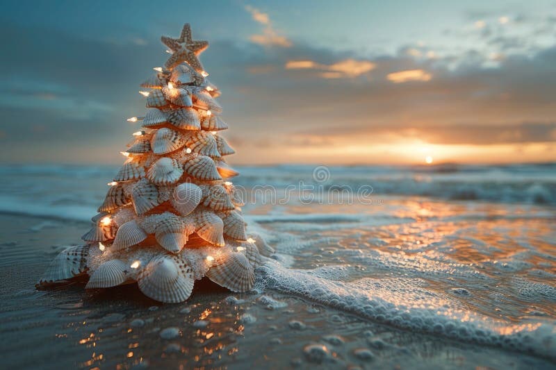 Seashell Christmas Tree on Sandy Shoreline - Festive Decorations with ...