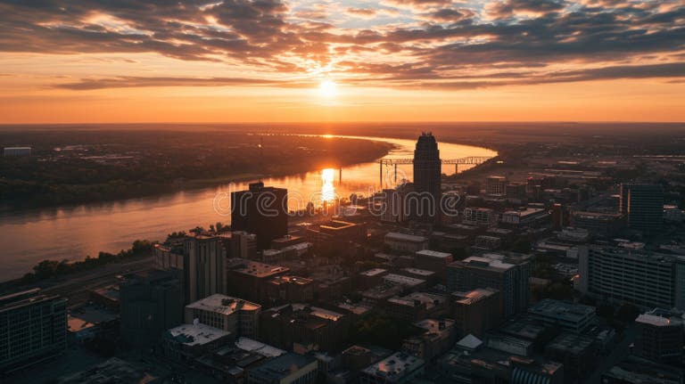 A Stunning Image of the Sun Setting Over a City Skyline with a River ...