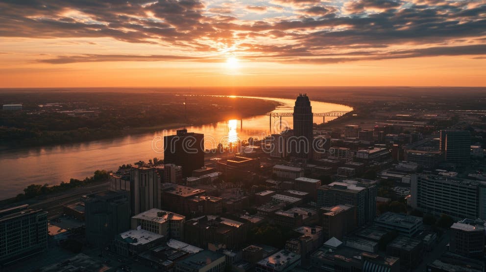 A Stunning Image of the Sun Setting Over a City Skyline with a River ...