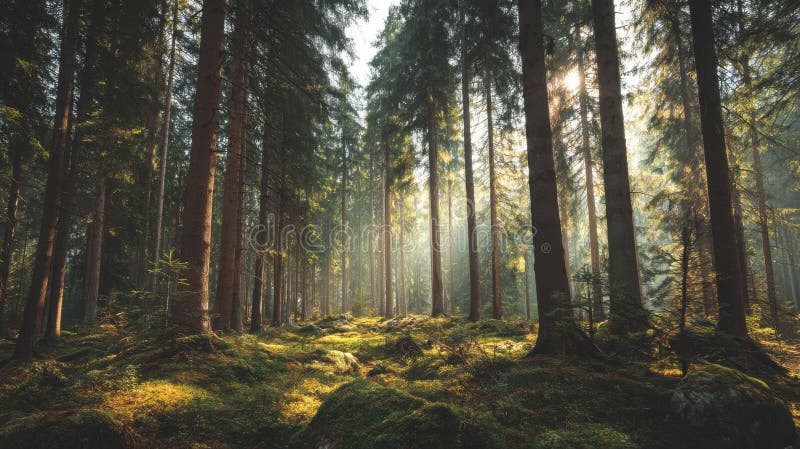 A Stunning Image of Tall Straight Trees in a Sunny Forest in the Summer ...