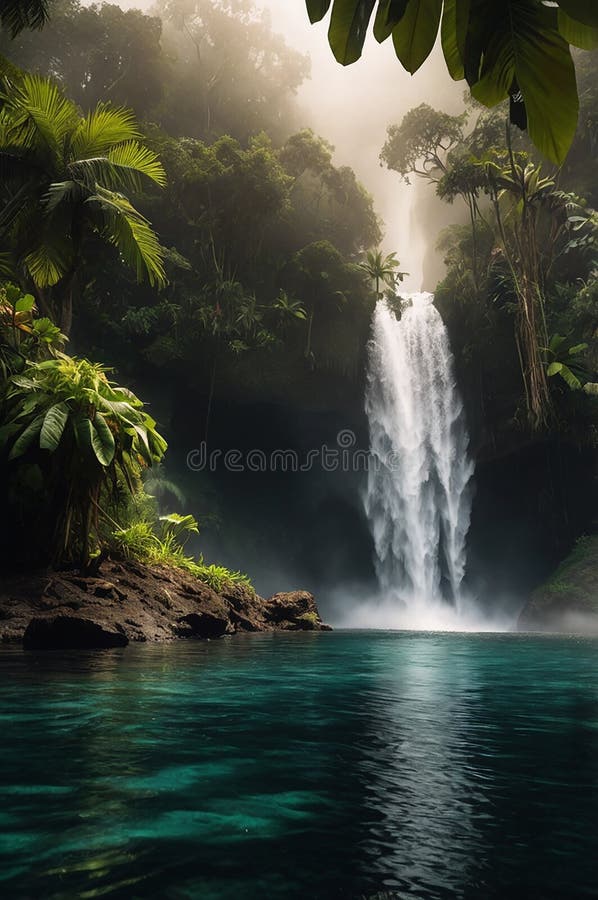 A Waterfall Cascading into a Hidden Tropical Oasis Lush Greenery ... A Waterfall Cascading into a Hidden Tropical Oasis Lush Greenery ...