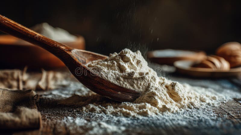 A Stunning Image of Wooden Spoon Scooping Flour on Table. Stock Image ...