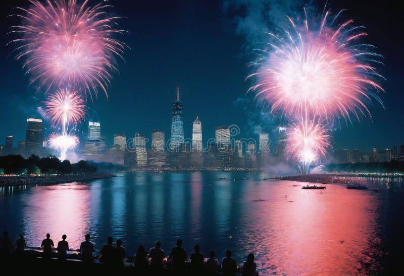 A Stunning Independence Day Fireworks Display Over a City Skyline Stock ...