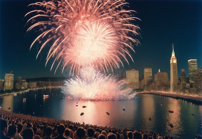 A Stunning Independence Day Fireworks Display Over a City Skyline Stock ...