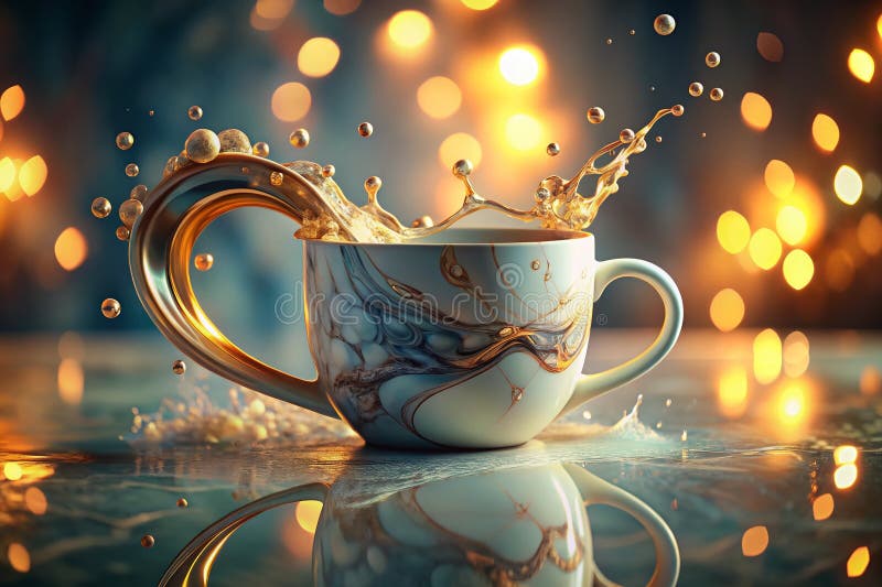 Stunning Infinity Loop Mug Water Splash Bokeh and 3D Floating Objects with Gilded Marble Accents ...