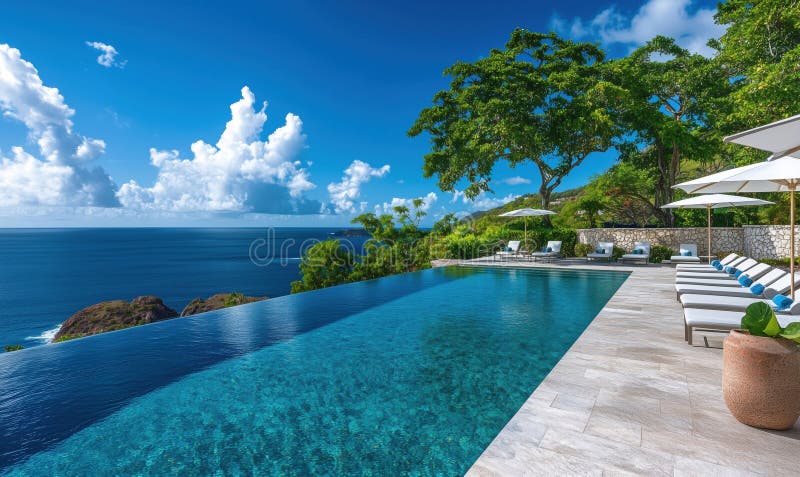 Stunning Infinity Pool Overlooking Ocean with Lush Greenery and Blue ...