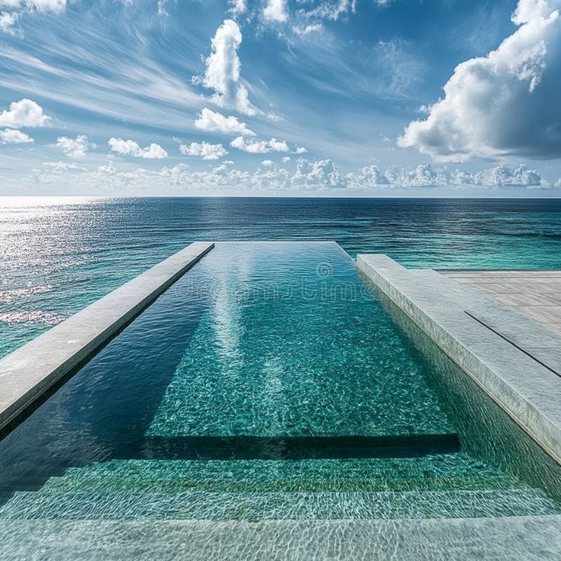 Infinity Pool Overlooking Ocean Under Clear Sky with White Clouds Stock ...