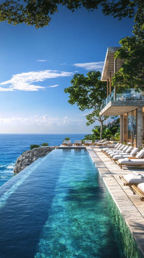 Luxurious Infinity Pool Overlooking the Ocean Under a Clear Blue Sky on ...