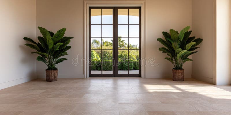 Stunning Interior Design Featuring Large Windows and Lush Plants. a ...