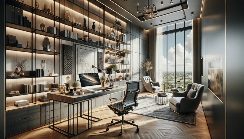 A Stunning Interior Design of a Home Office, Blending Modern Elegance ...