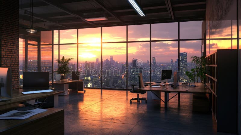 Modern Office with City View at Sunset Stock Photo - Image of evening ...