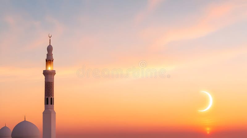 Stunning Islamic Tower Beneath Warm Sunset Hues and Crescent. Perfect ...