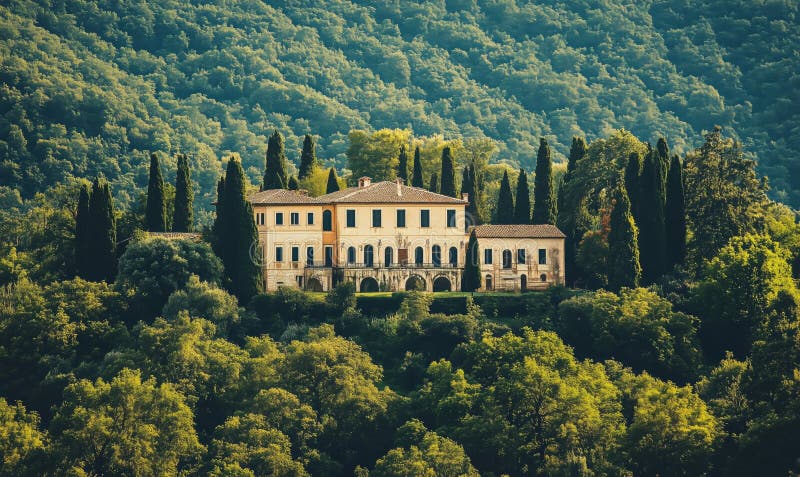Stunning Italian Villa Surrounded by Lush Greenery and Cypress Trees ...