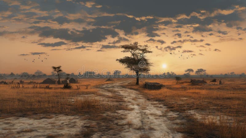 African-inspired Desert Landscape with Trees and Road Stock ...