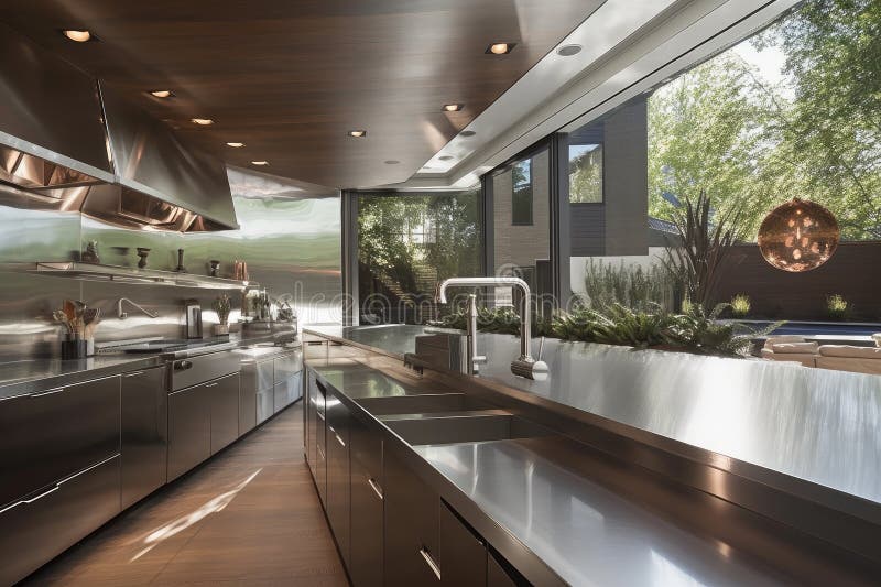 Stunning Kitchen with Custom-made Stainless Steel Countertops and ...