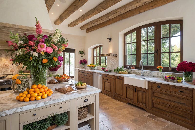 Beautiful Kitchen Interior of Large Spanish Villa. with Fresh Flowers ...