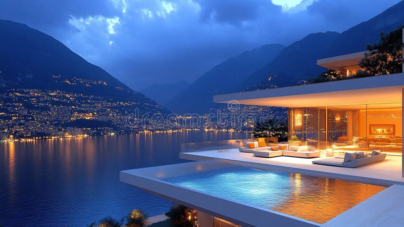 Stunning Lakefront Modern Villa at Dusk Stock Illustration ...