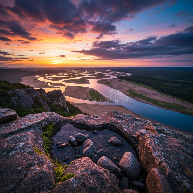 A Stunning Landscape Features Serpentine River Channels Weaving through a Vast Plain Stock ...